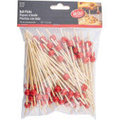TableCraft 12582, 4-1/2" Disposable Bamboo Pick w/ Red Ball (100/pk)